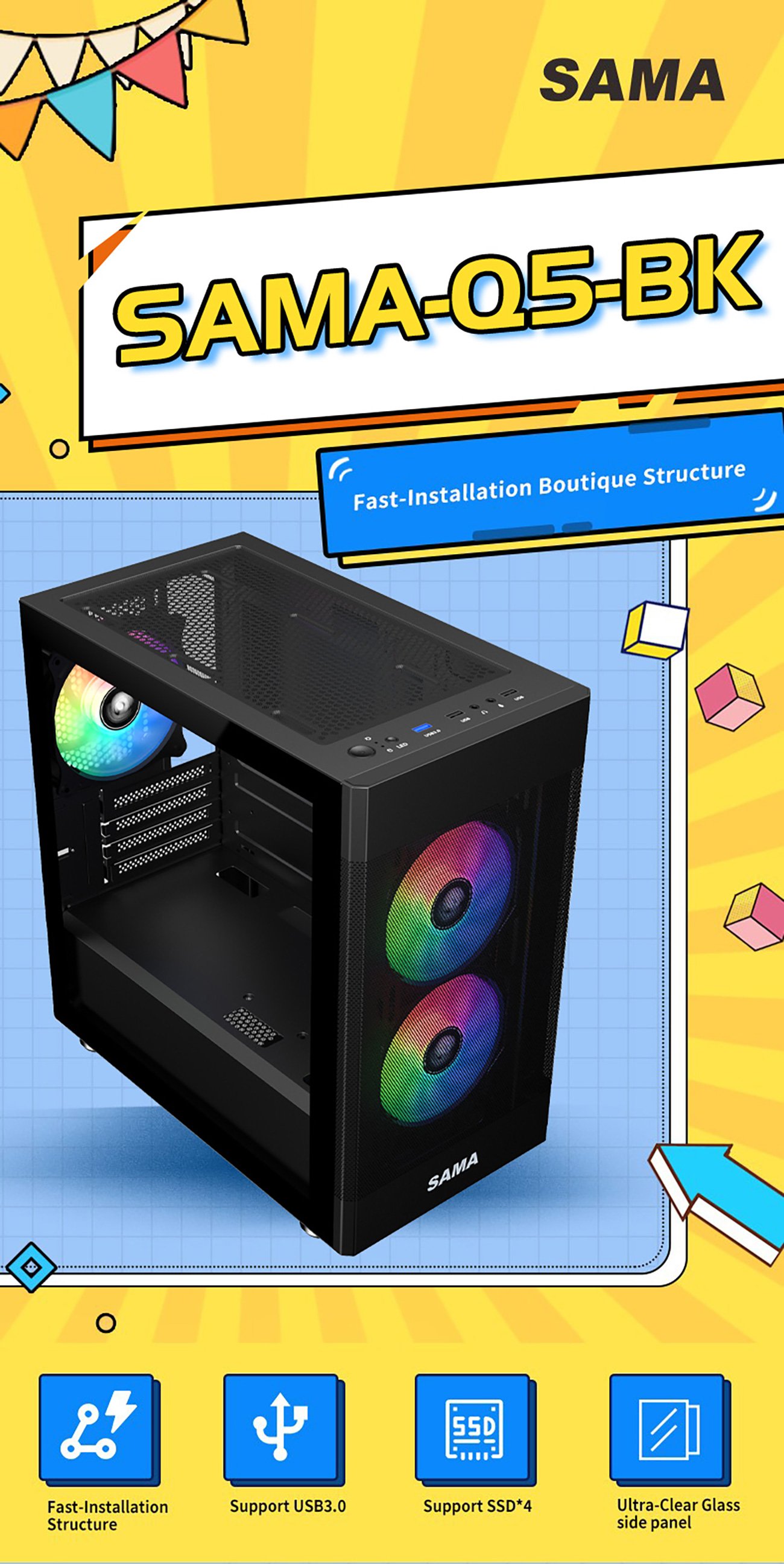 Sama ARGB-Q5-BK Black USB3.0 Tempered Glass Micro ATX Tower Gaming Computer Case w/ 3 x 120mm ...